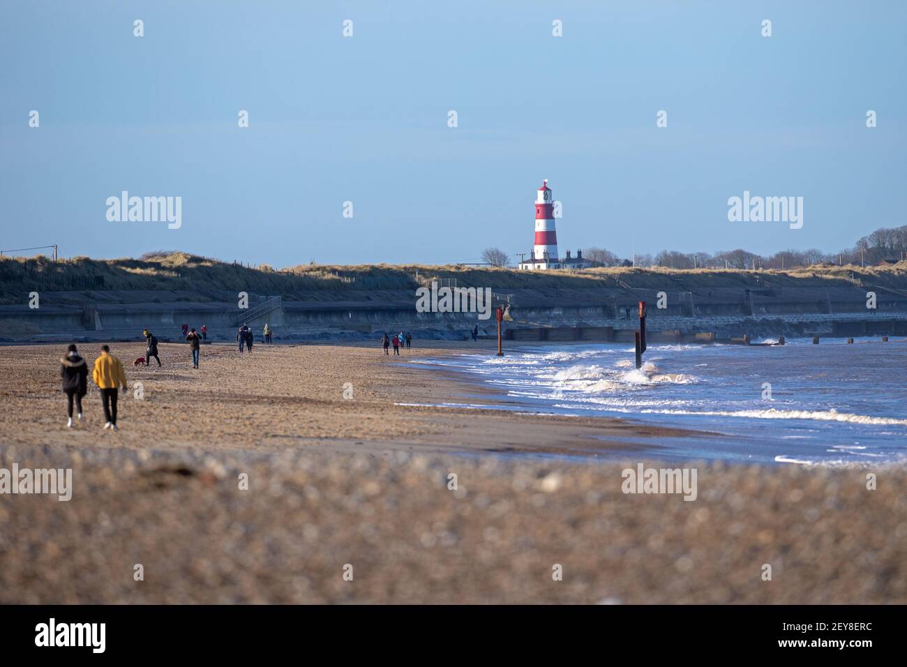Happisburgh, Norfolk. Beach and lighthouse. February. Winter. Covid 19 ...