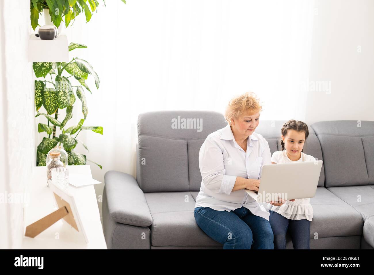 modern grandmother teaching grandchild how to use laptop computer at ...