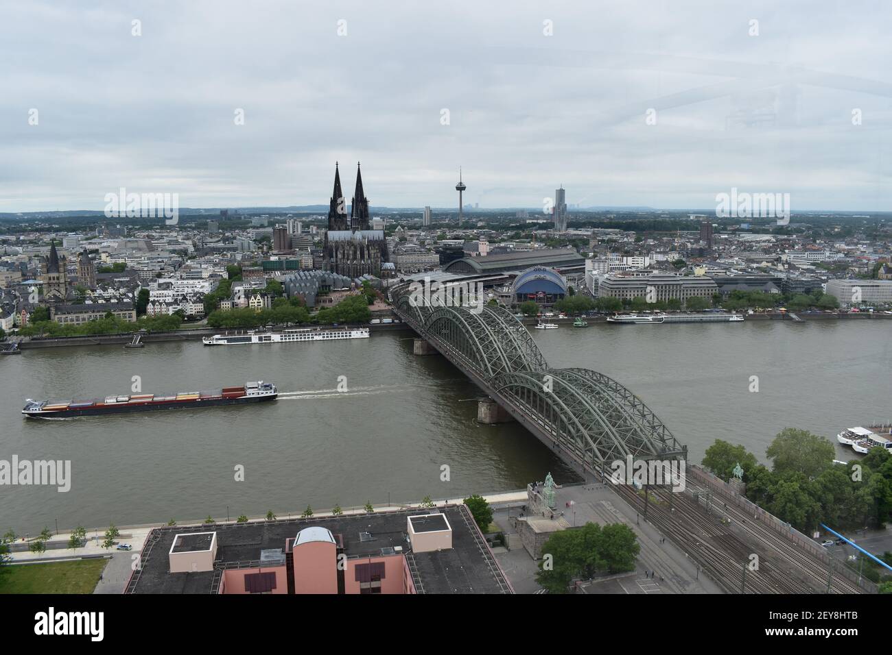 An aerial view of a bridge over a river in Cologne, Germany Stock Photo ...