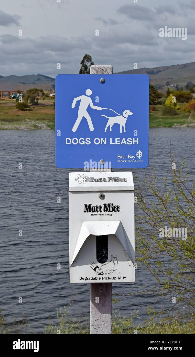 dog on leash sign and Mutt Mitt degradable pick-up mitt dispenser at ...