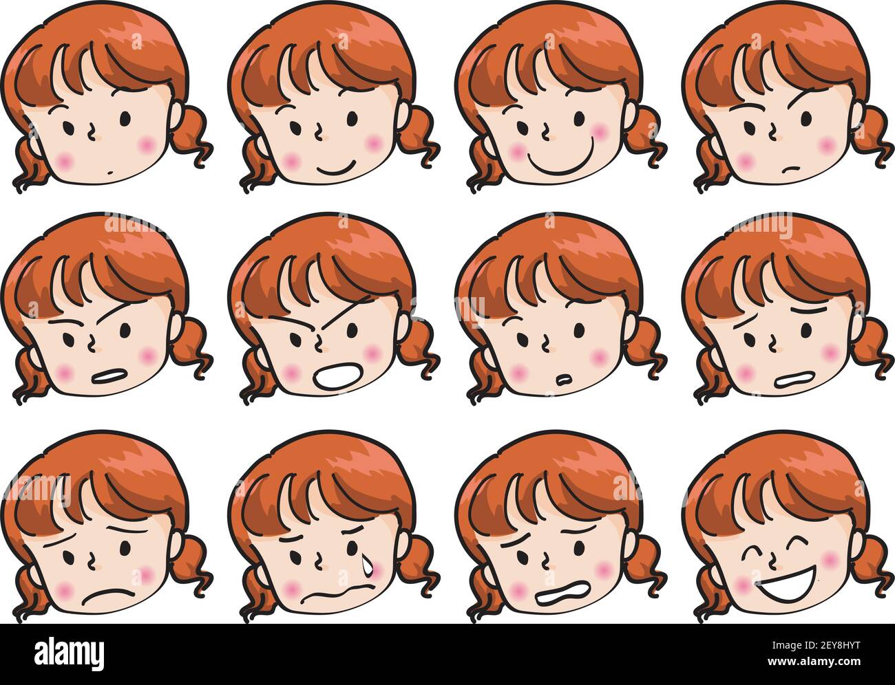 vector cartoon brow hair girl face emoji stickers set Stock Vector ...