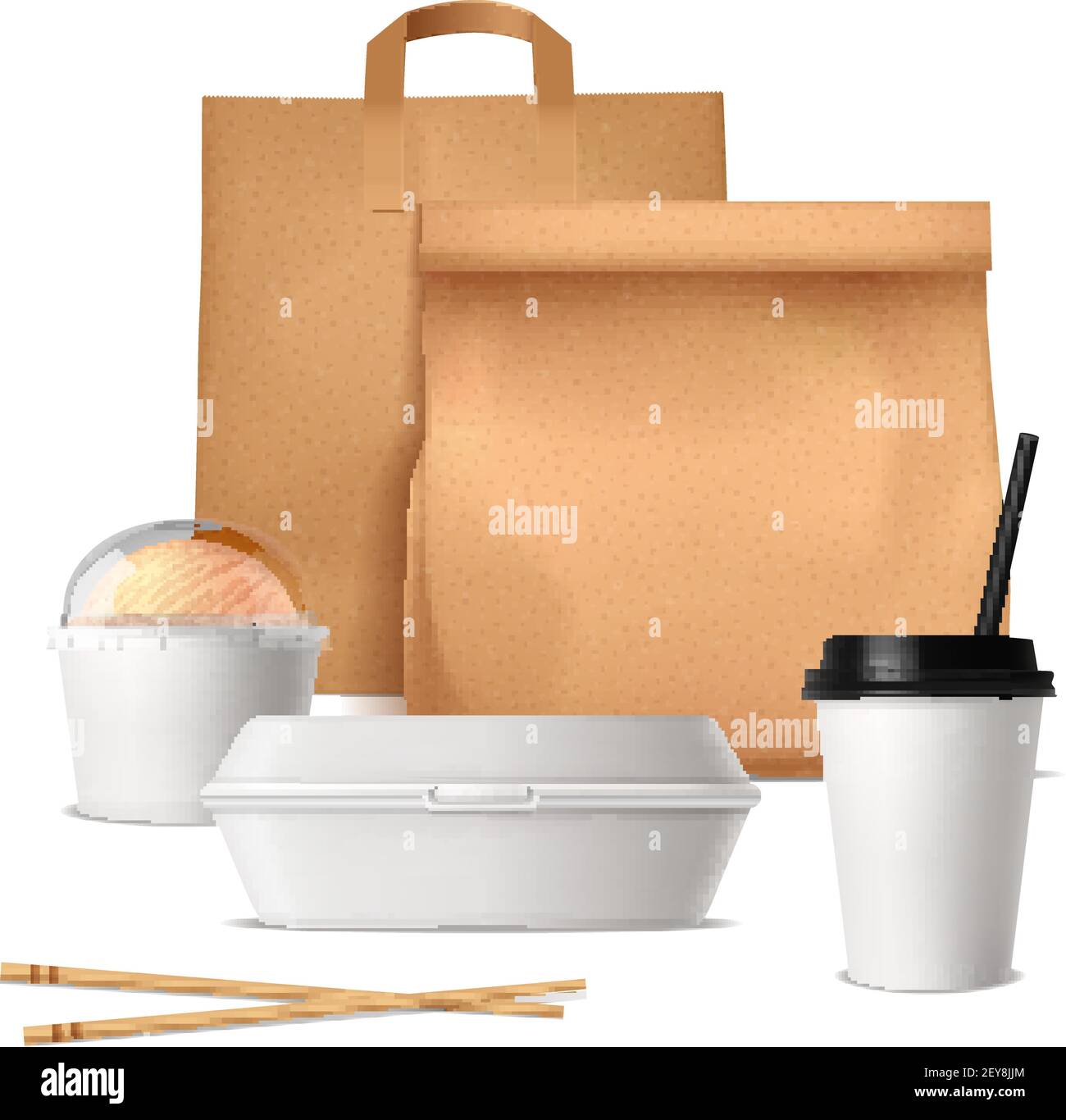 Fast food package design concept with paper bags plastic containers and ...