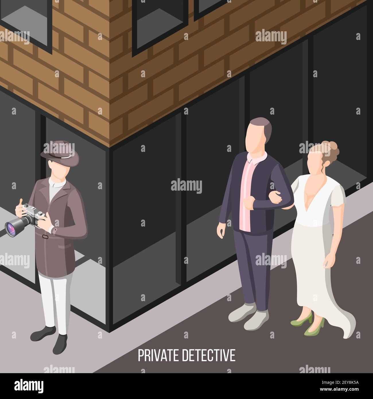 Private detective isometric background with person in hat watching from ...