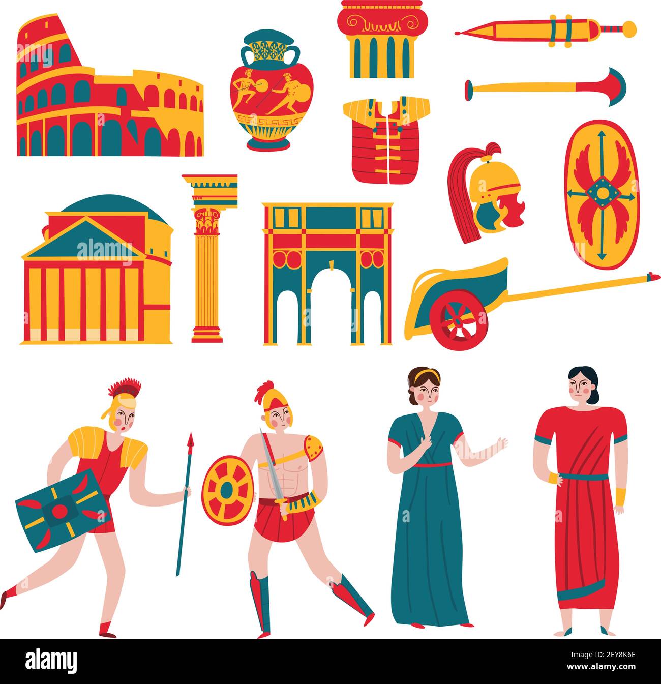 Ancient rome empire set of isolated icons and flat human characters of ...