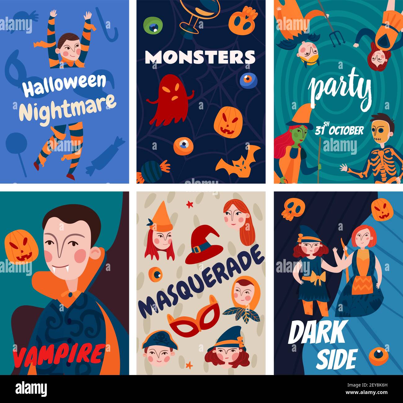 Halloween kids cards collection of six isolated posters with ornate ...