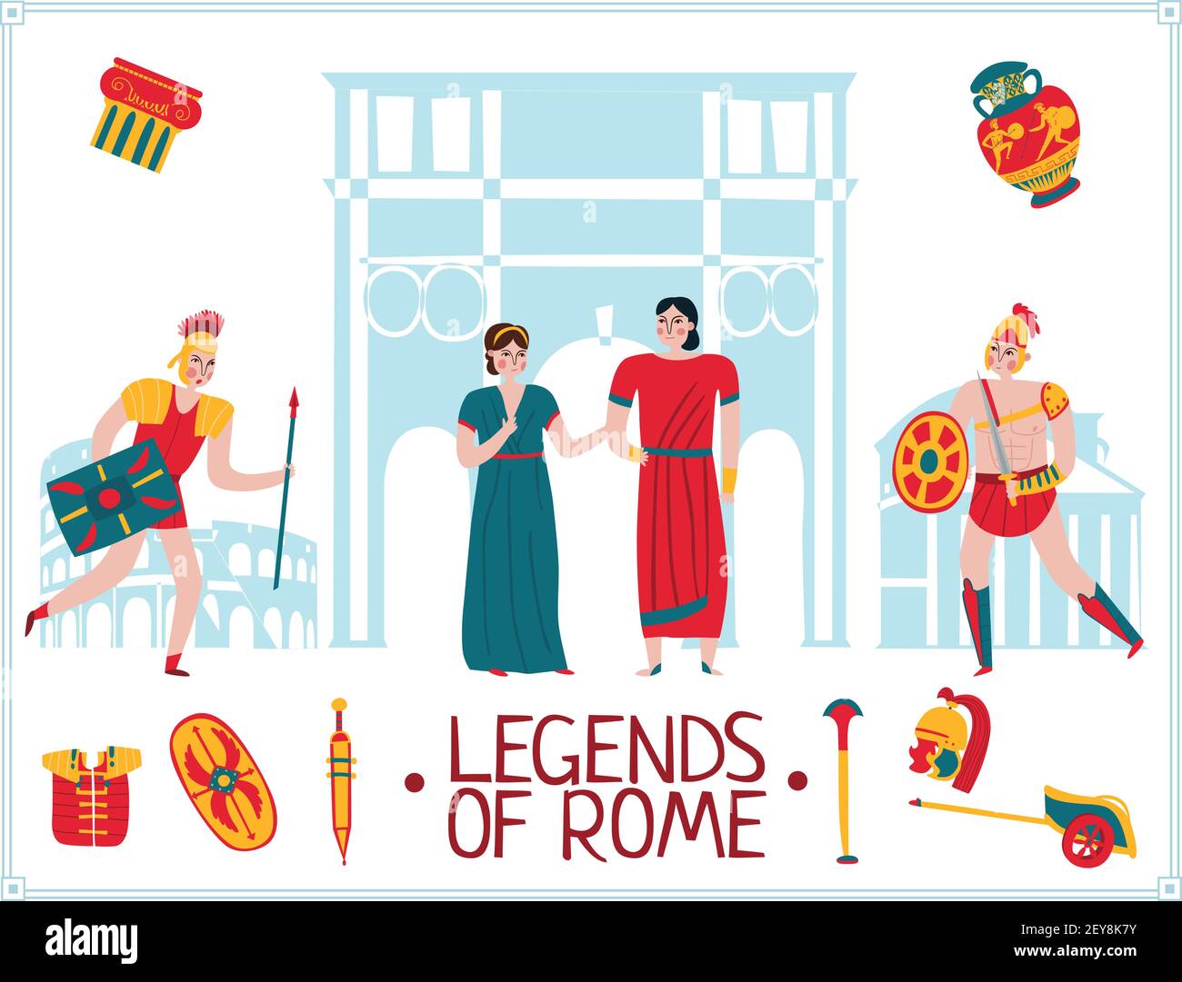 Ancient rome empire poster with isolated icons and pantheon silhouettes ...