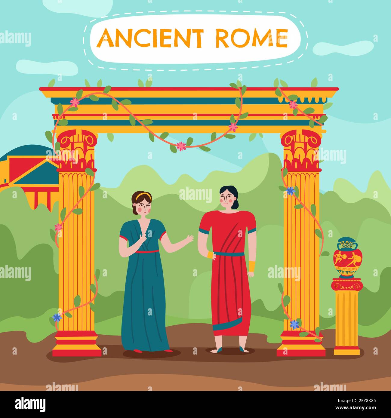 Ancient rome empire composition with outdoor scenery with flat human ...