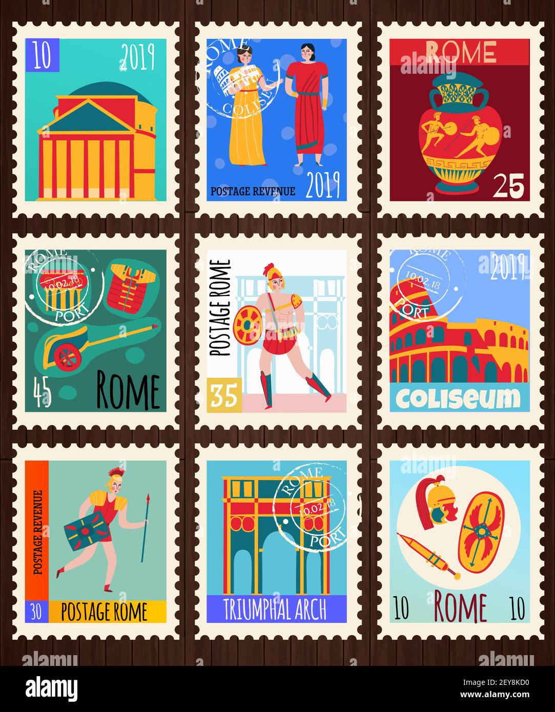 Ancient rome empire cards set of postage stamps with flat compositions ...