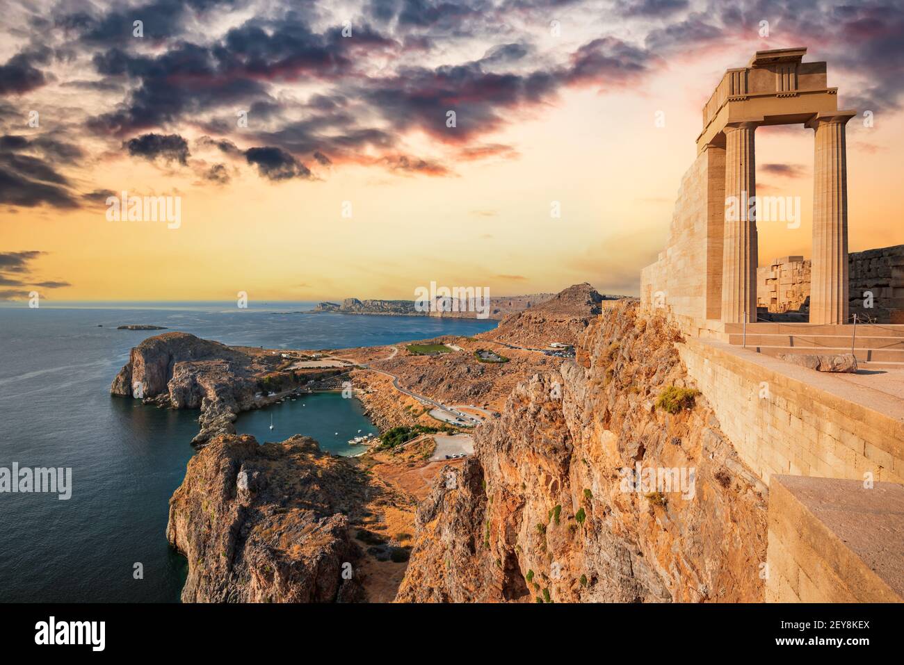 Rhodes, Greece. Lindos small whitewashed village and the Acropolis ...