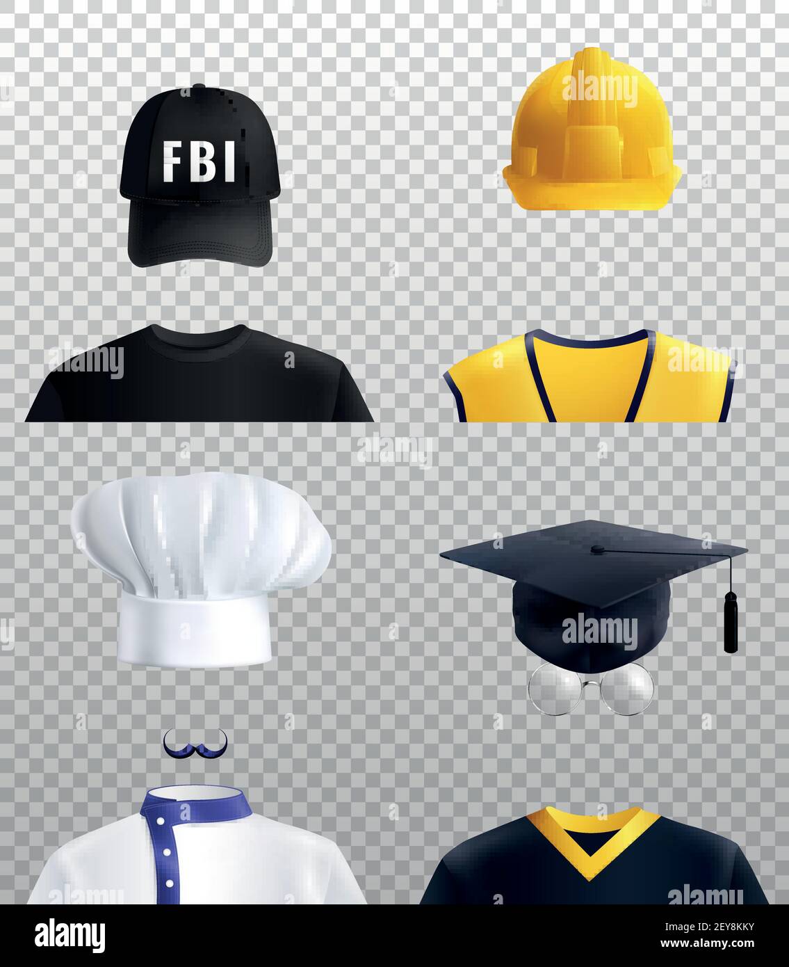 Different professions hats set with cook and FBI symbols realistic ...