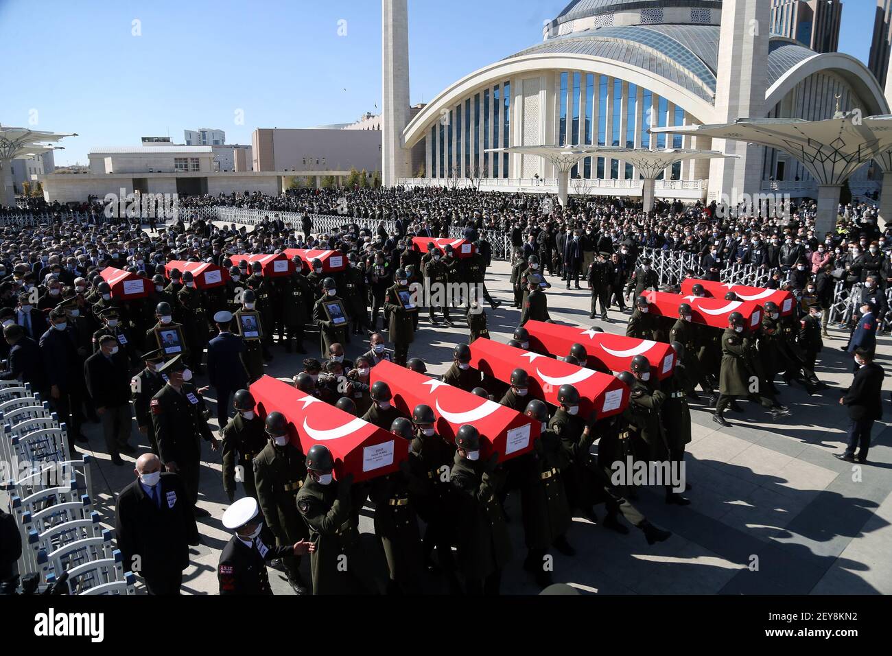 Ankara, Turkey. 5th March, 2021. Turkish soldiers carry the coffins and ...