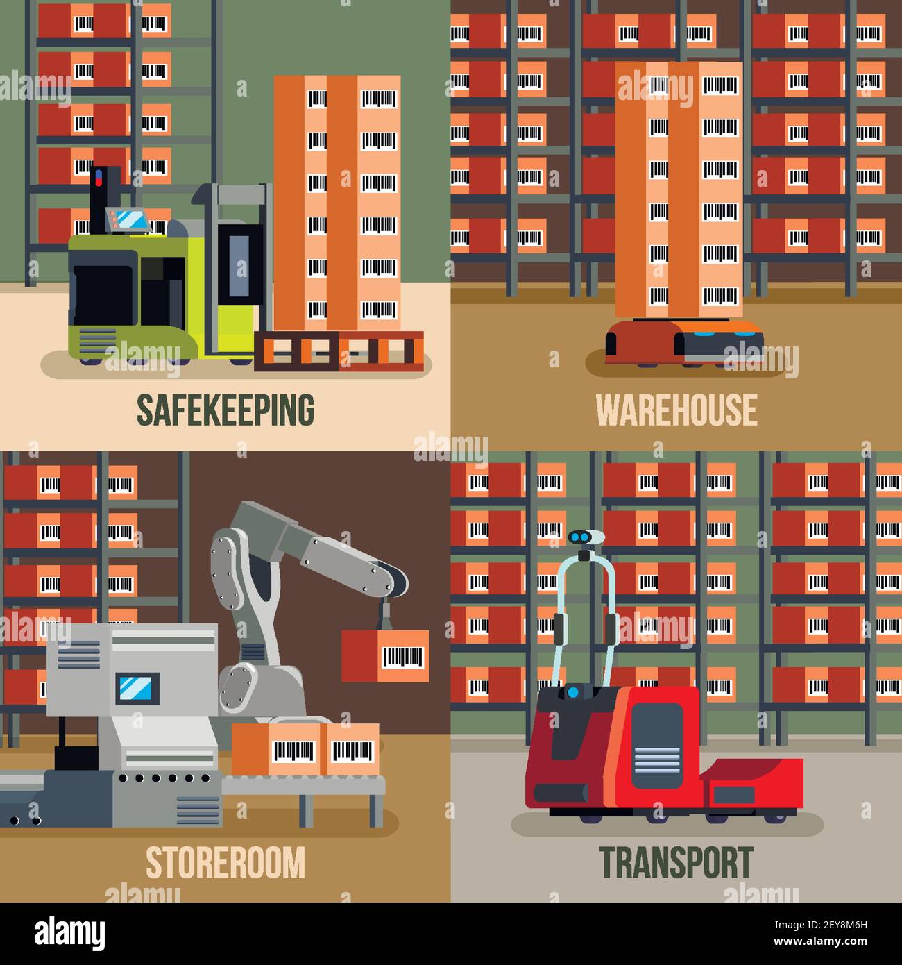 Automated warehouse with robots and storage equipment flat design ...