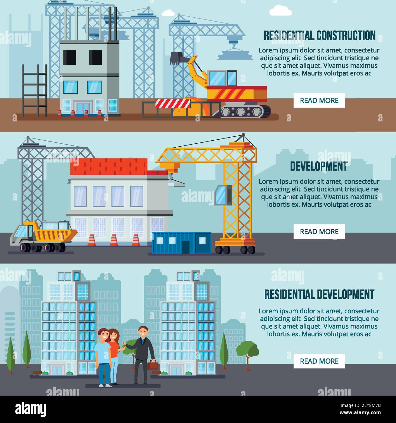 Set of flat horizontal banners sky scraper construction building site ...