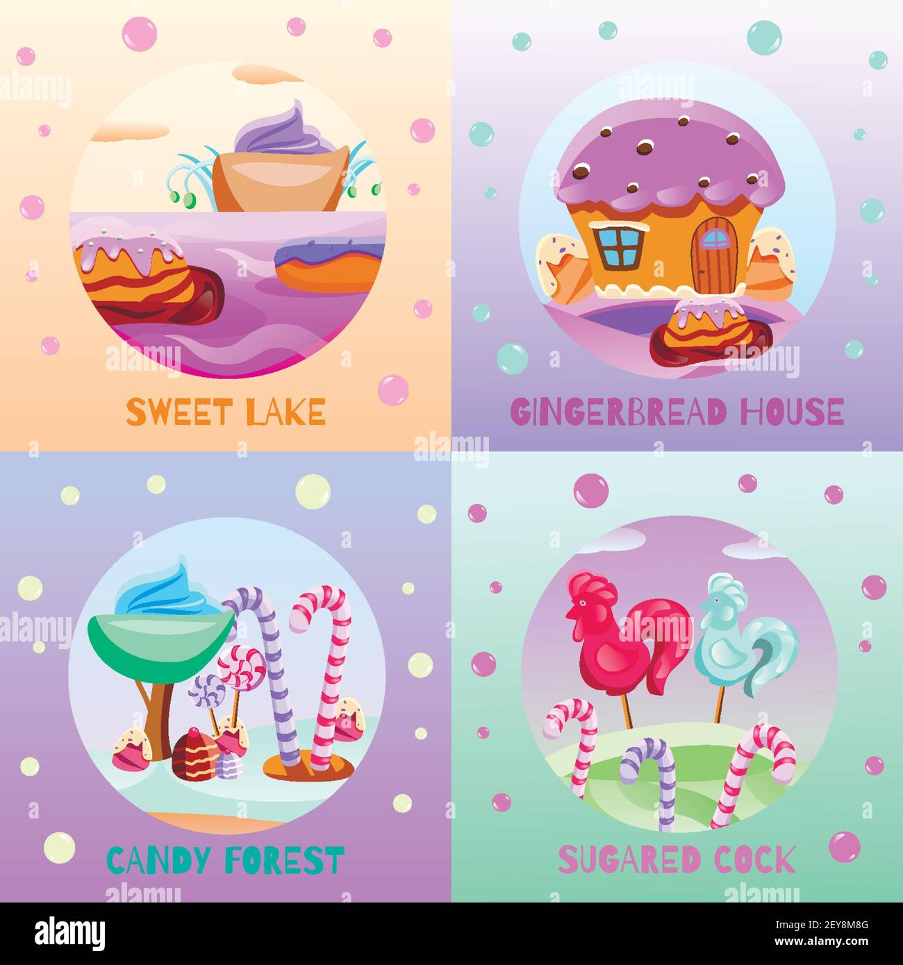 Fairy tale candy land flat design concept sweet lake ginger bread house ...