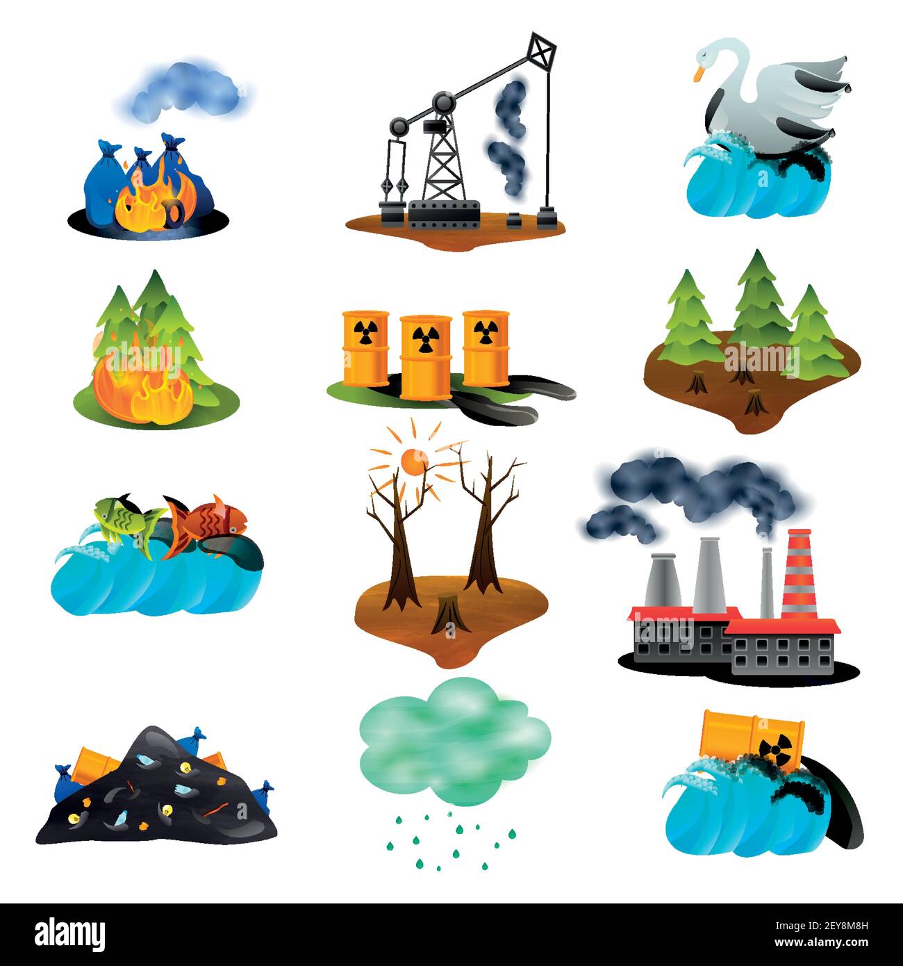 Ecological problems set of flat icons with air and ocean pollution ...