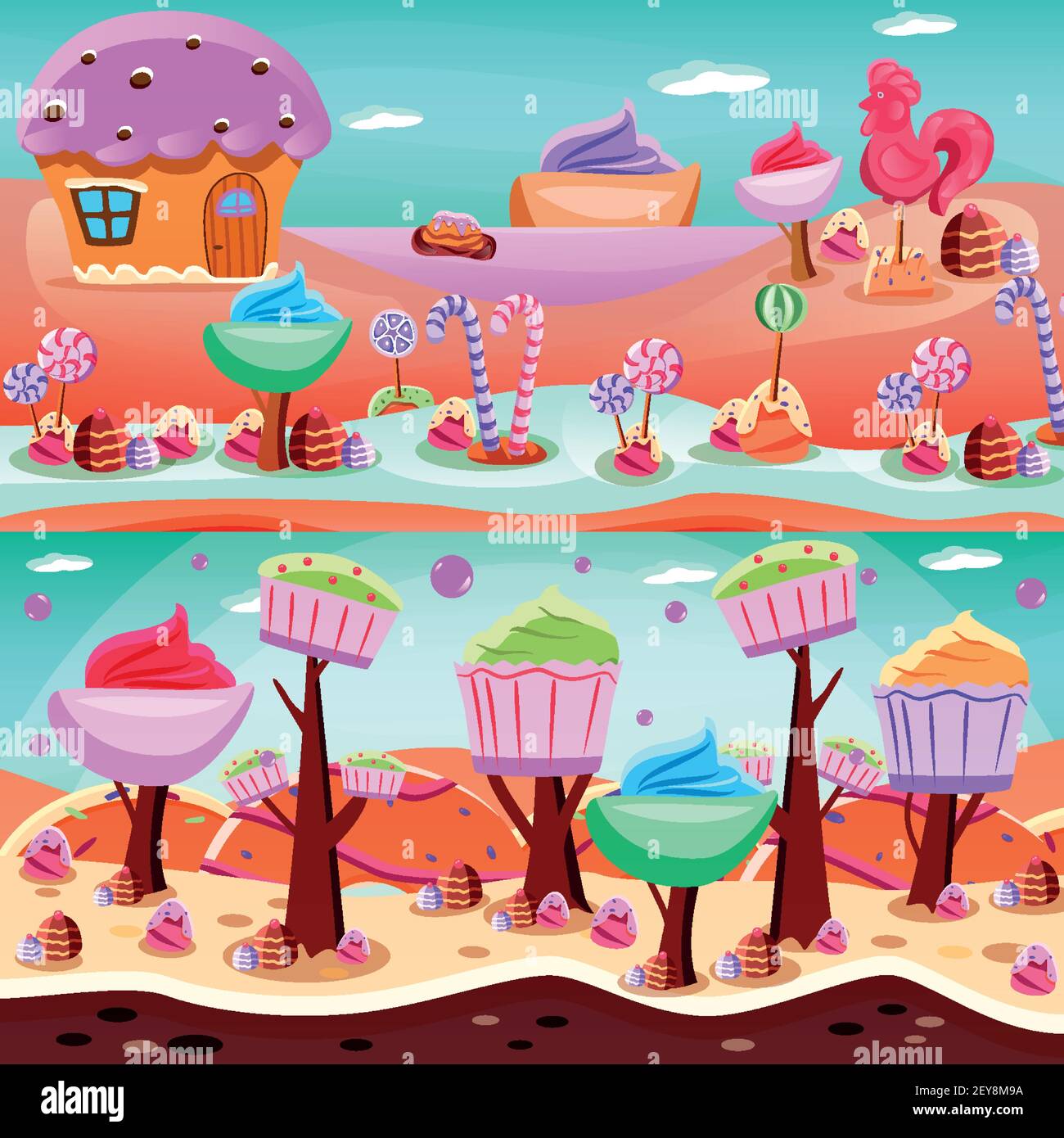 Fairy tale candy land flat compositions with sweet lake and forest from ...