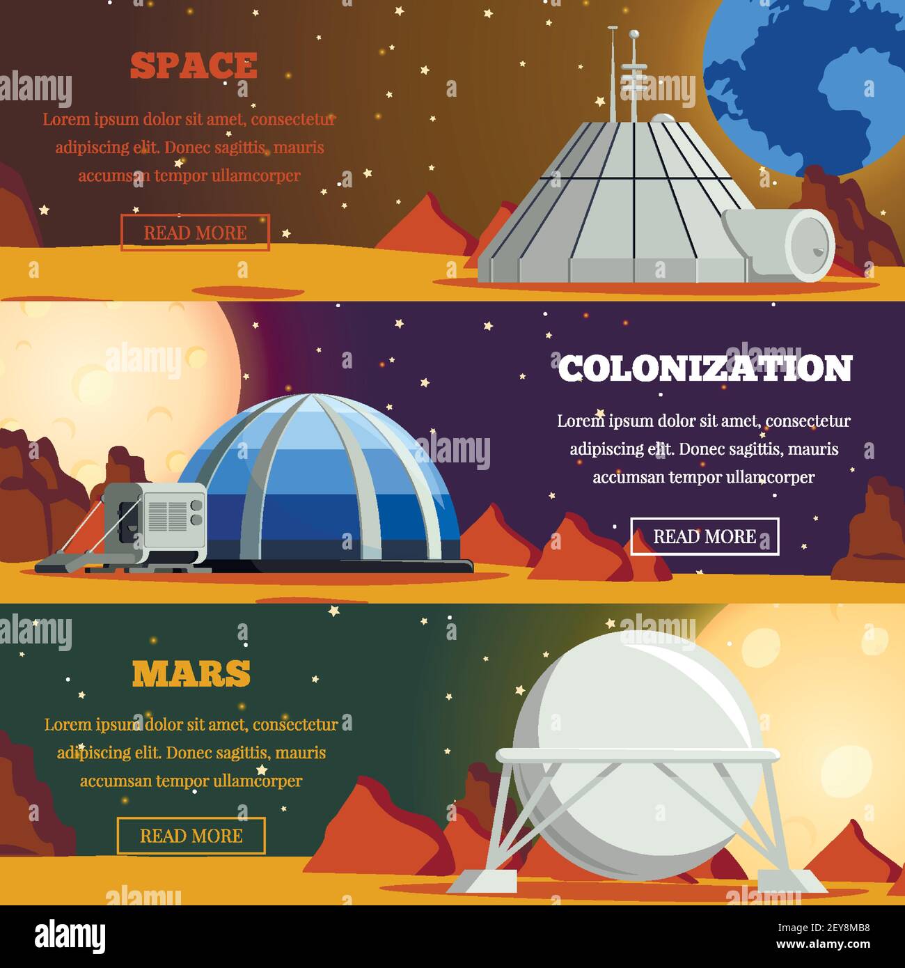 Set of flat horizontal banners with planet colonization terraforming of mars and space ...