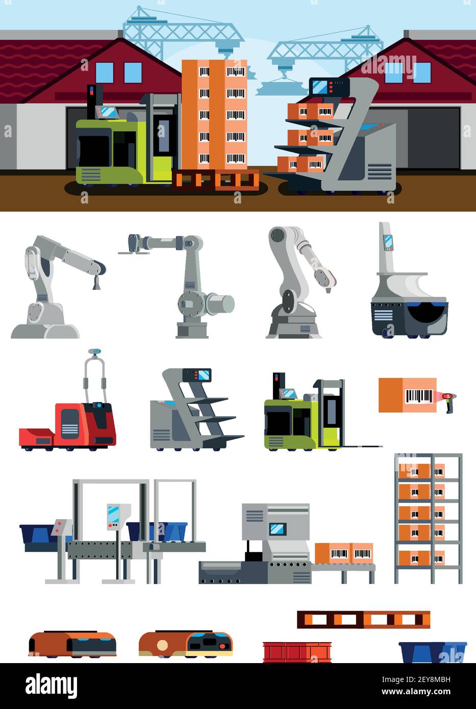 Warehouse robots flat icons with automated loaders mechanical arms and equipment for bar coding ...