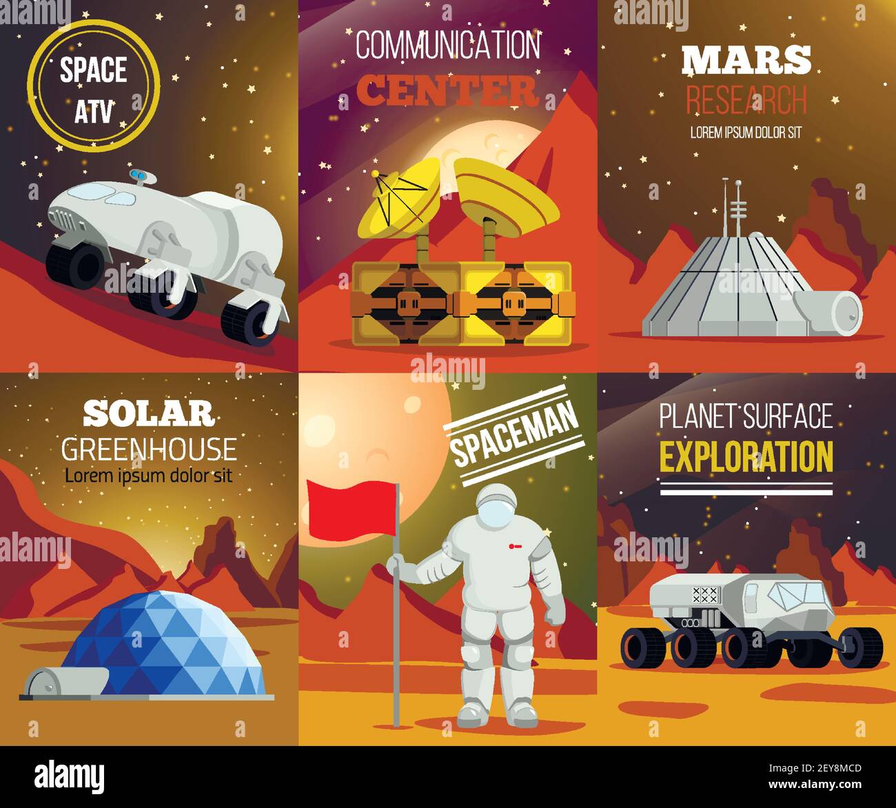 Set of flat cards of planet colonization with spaceman research of mars ...