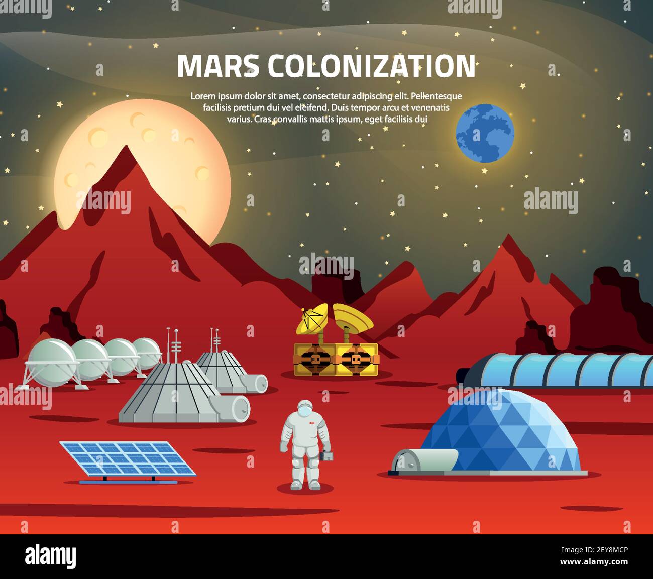 Mars colonization flat composition with spaceman on base station ...