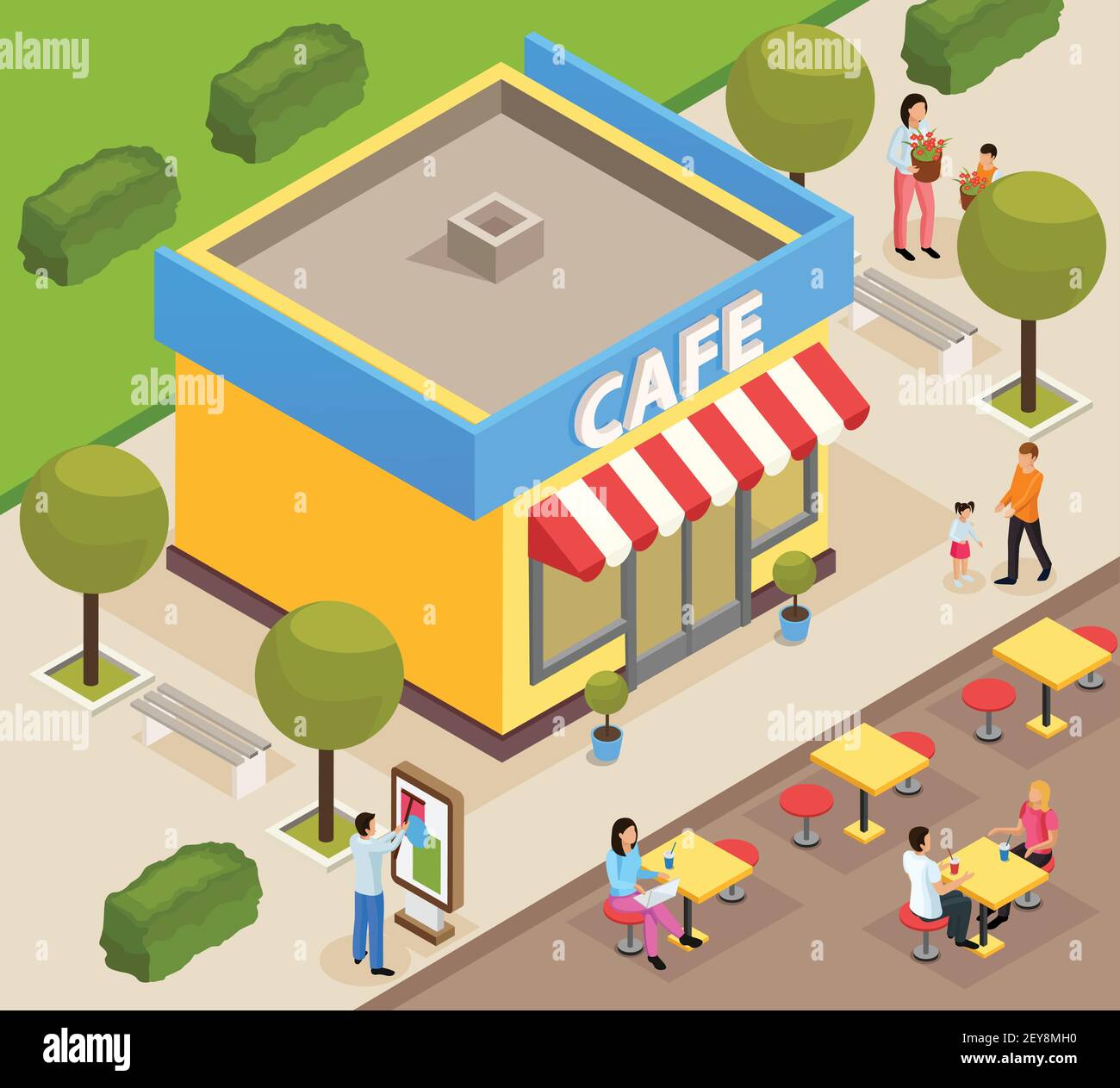 Urban architecture isometric composition with small cafe building ...