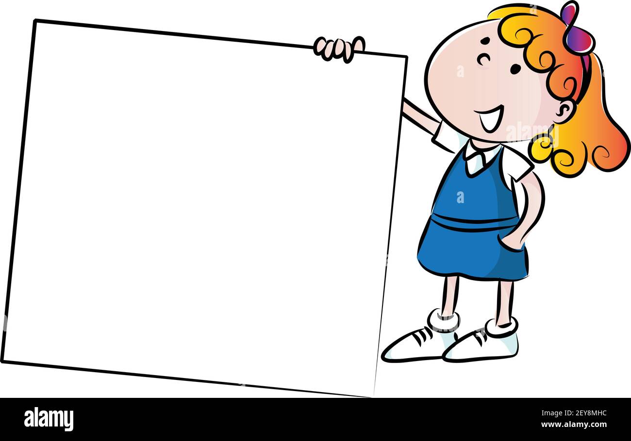 vector cartoon school girl hold blank card border frame background ...