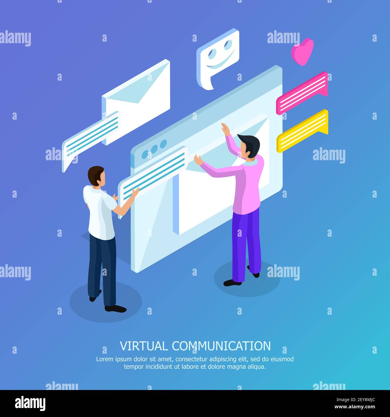 Virtual communication isometric background poster with two men sending ...