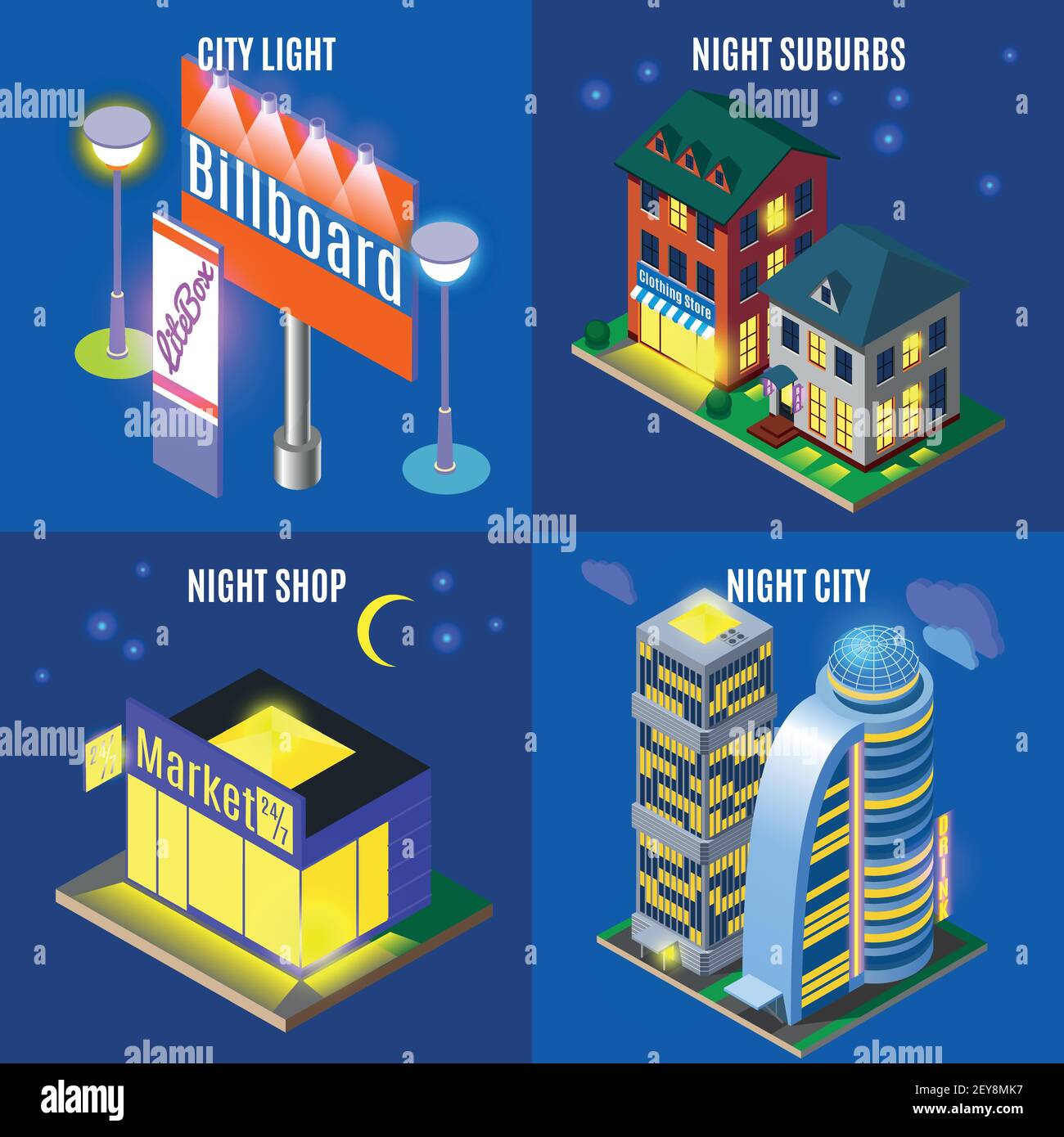 Night city with urban infrastructure elements shop sky scrapers and ...