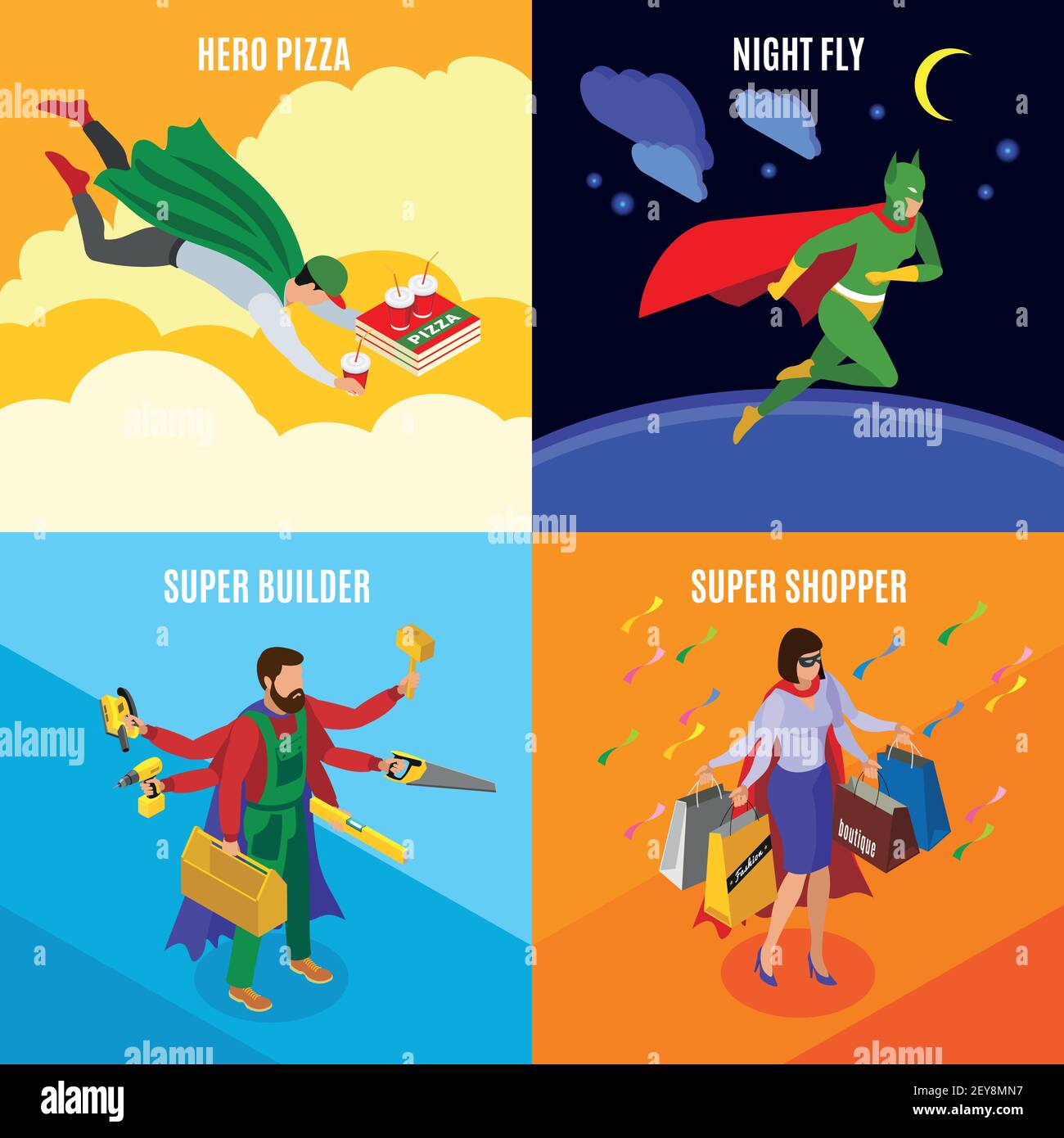 Super heroes builder and shopper people during pizza delivery night ...
