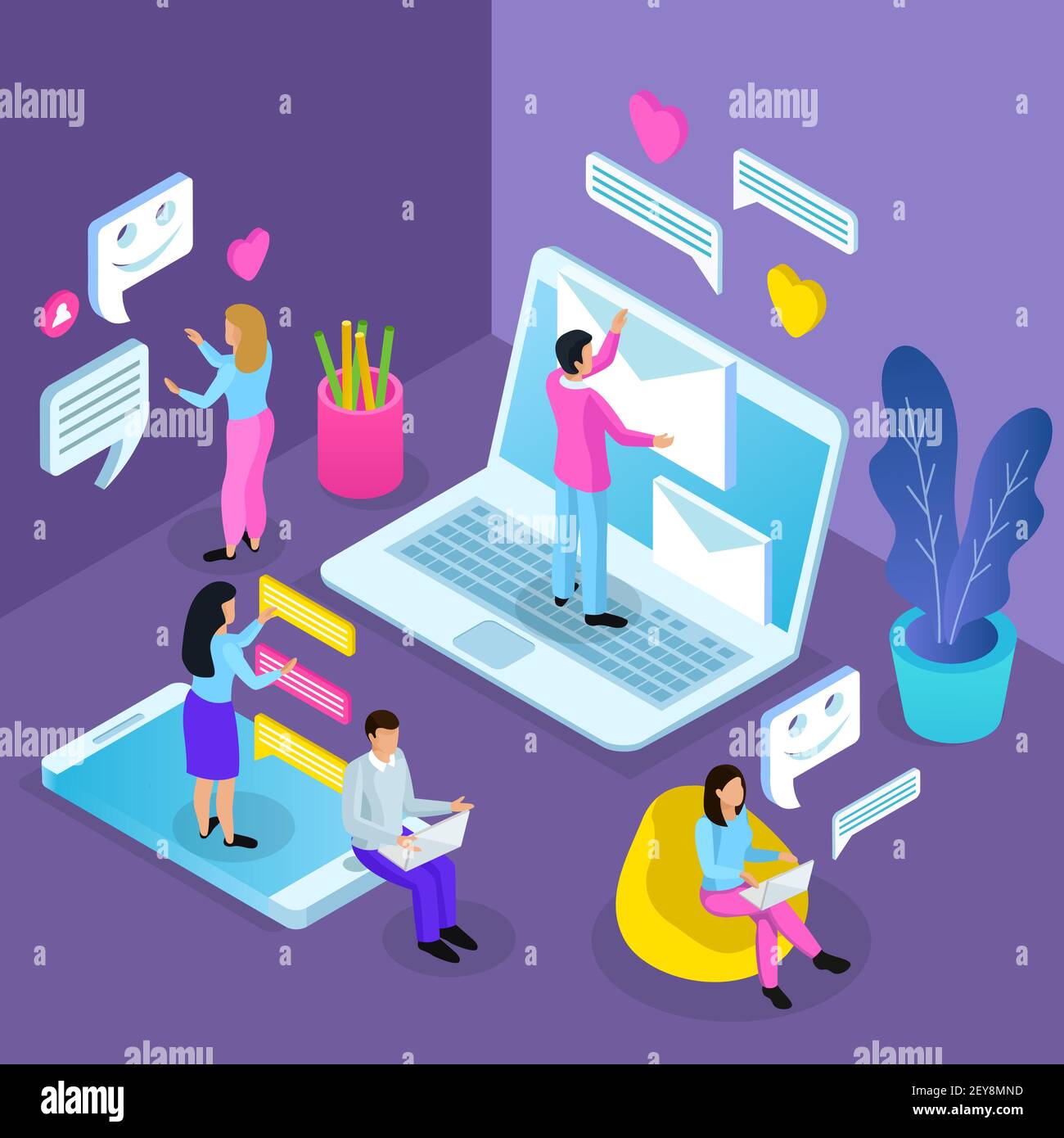 Virtual communication isometric composition with people standing on ...