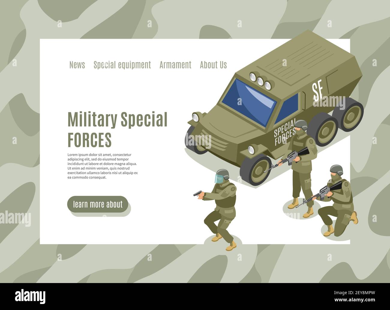 Military special forces isometric web page with menu interface and army ...