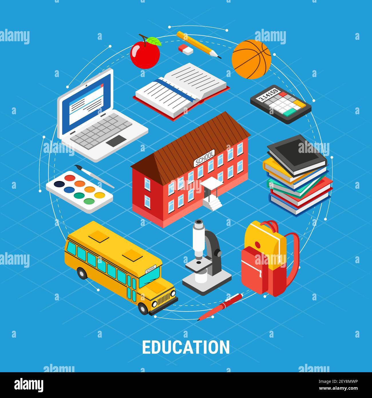 Isometric education concept with different school objects on blue ...