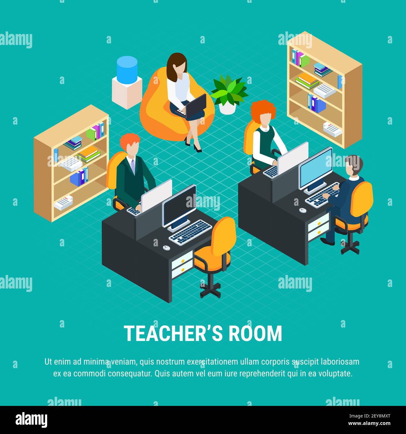 Education isometric concept with teachers working on computers in their ...