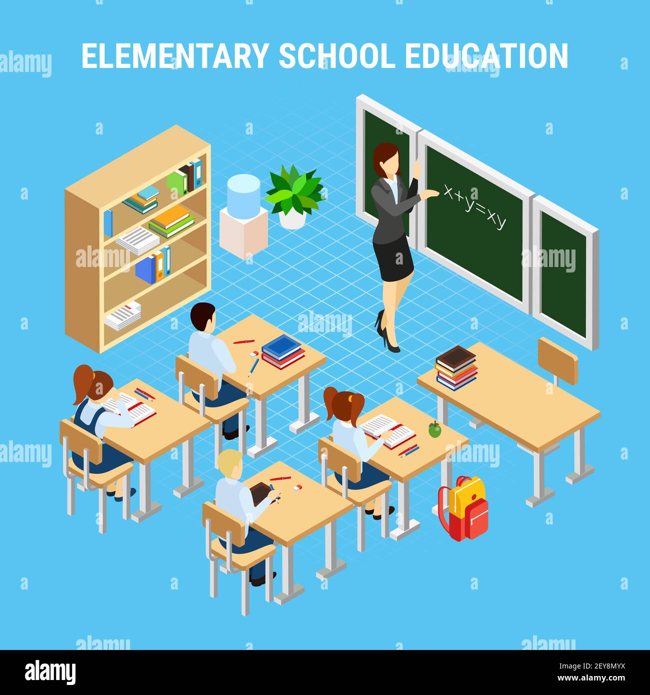 Education isometric concept with pupils of elementary school at lesson ...