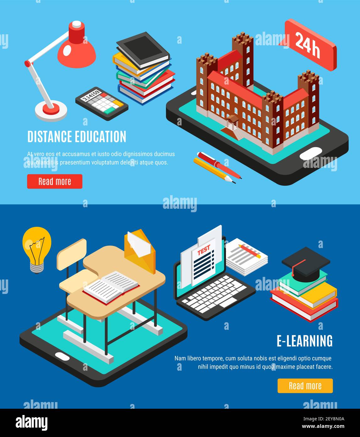 Distant education isometric horizontal banners set with devices and ...
