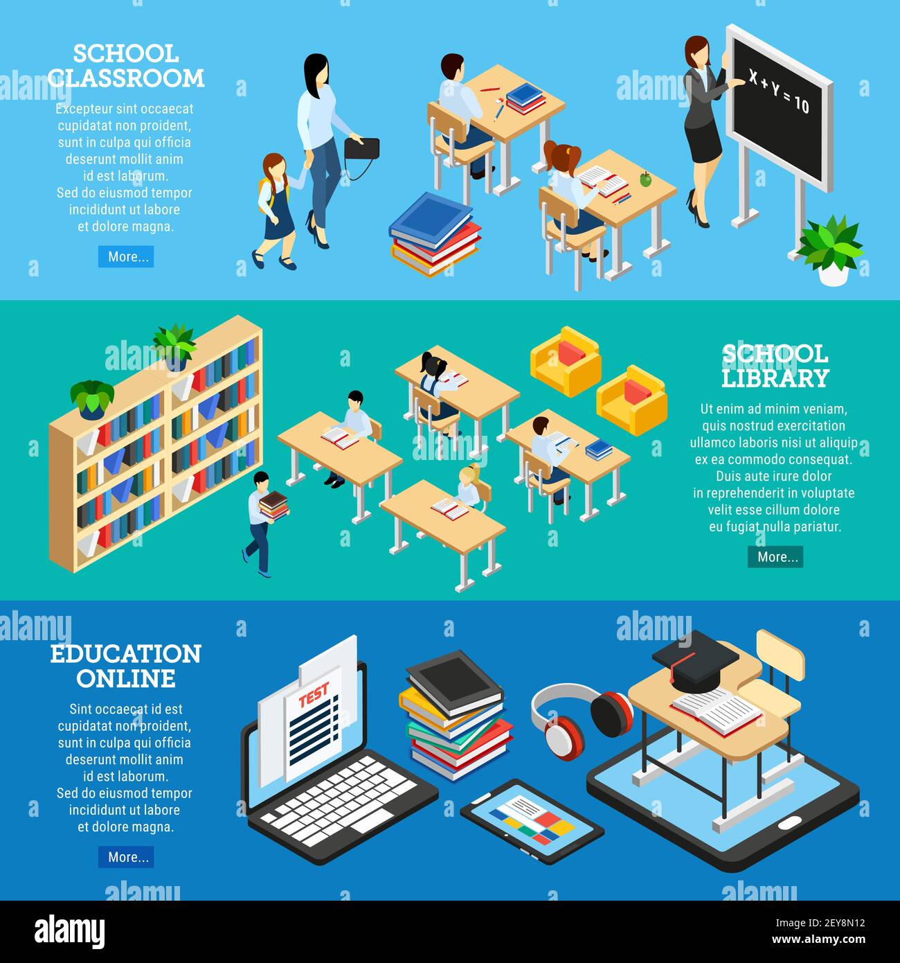 Set of three horizontal isometric banners with pupils studying online ...