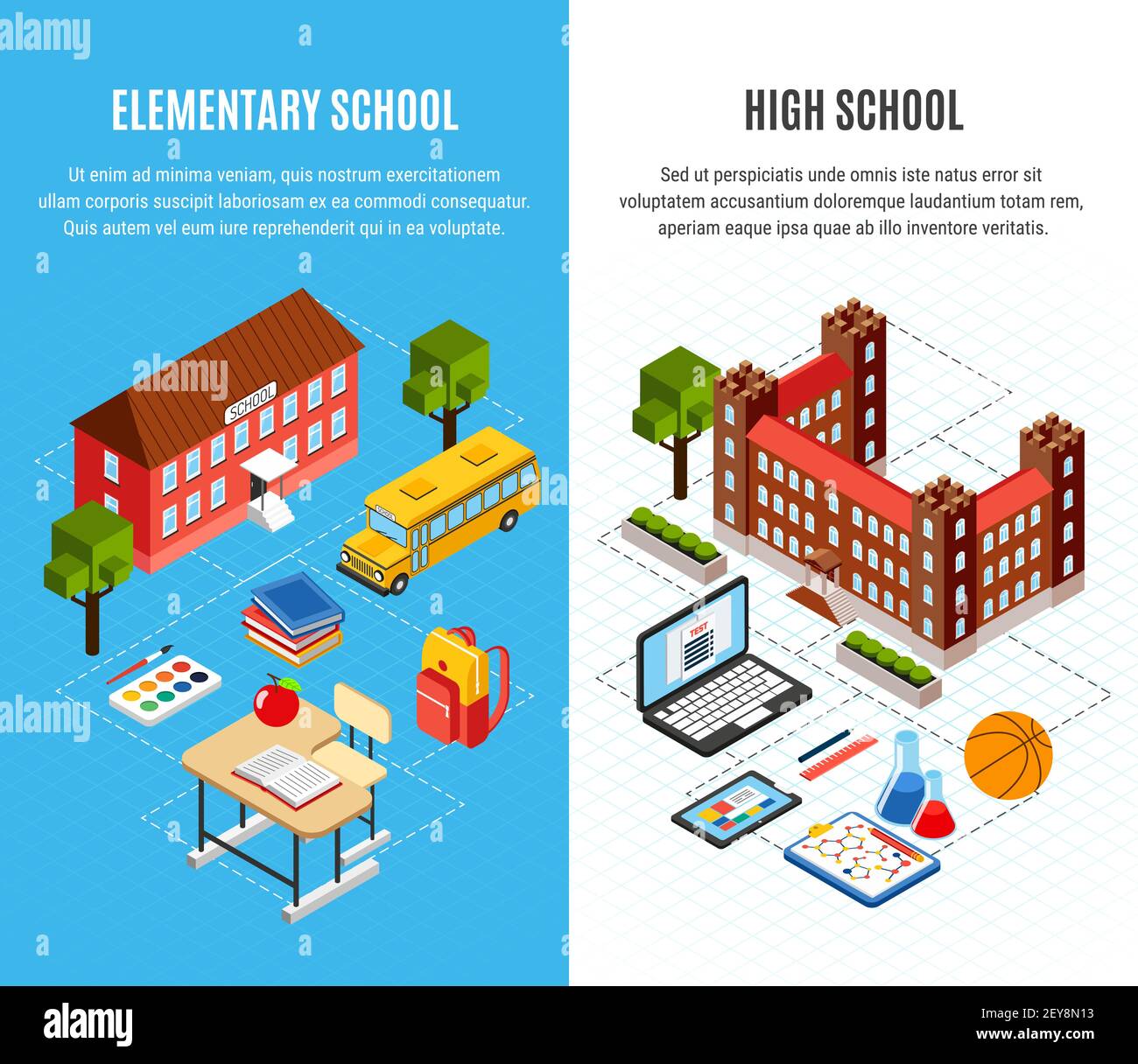 Education isometric vertical banners set with high and primary school ...