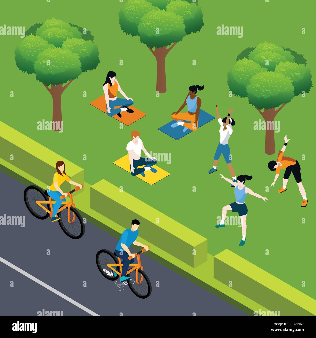 Fitness isometric composition with open air park landscape and people ...