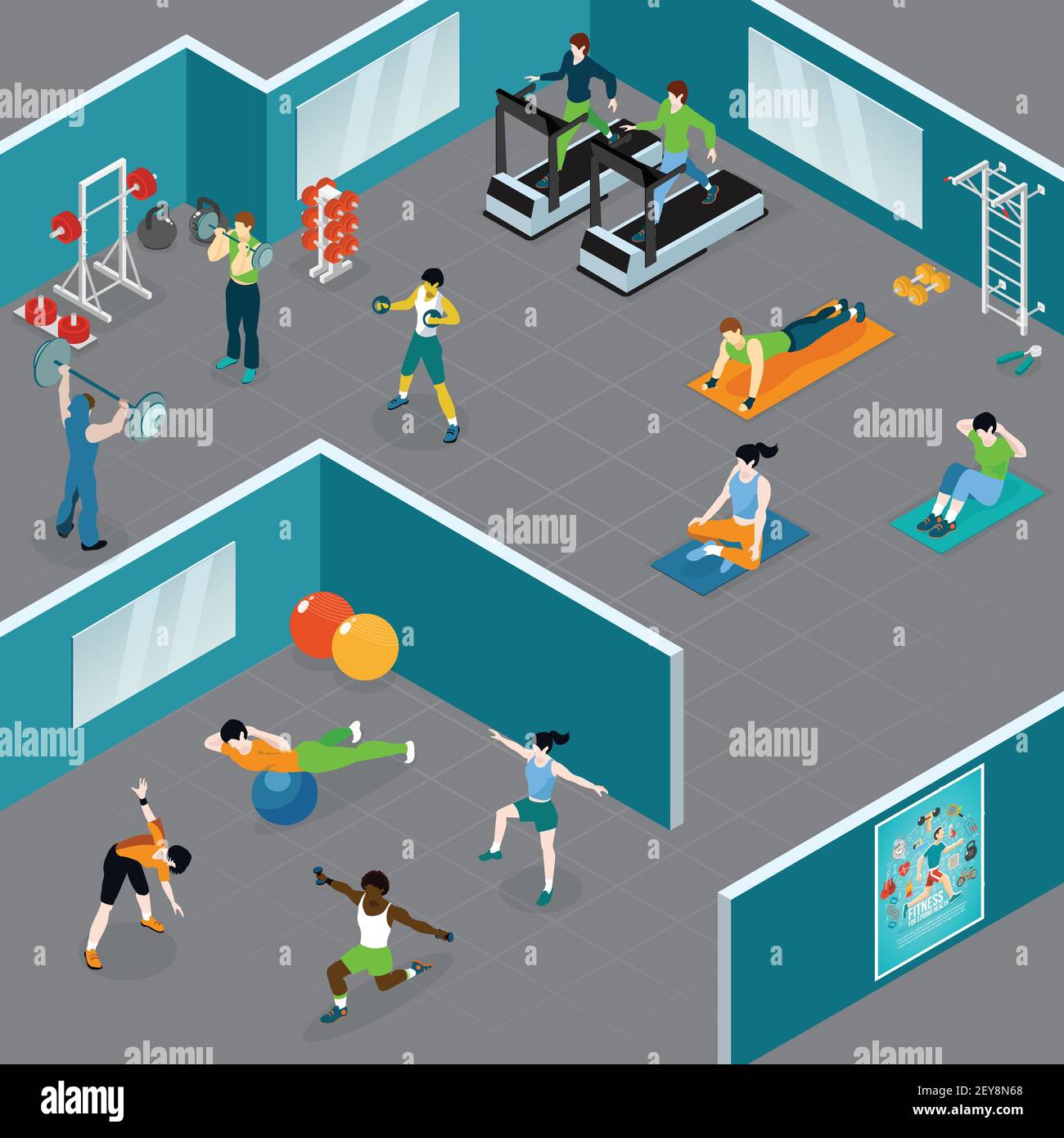 Fitness isometric composition with people doing different kinds of ...
