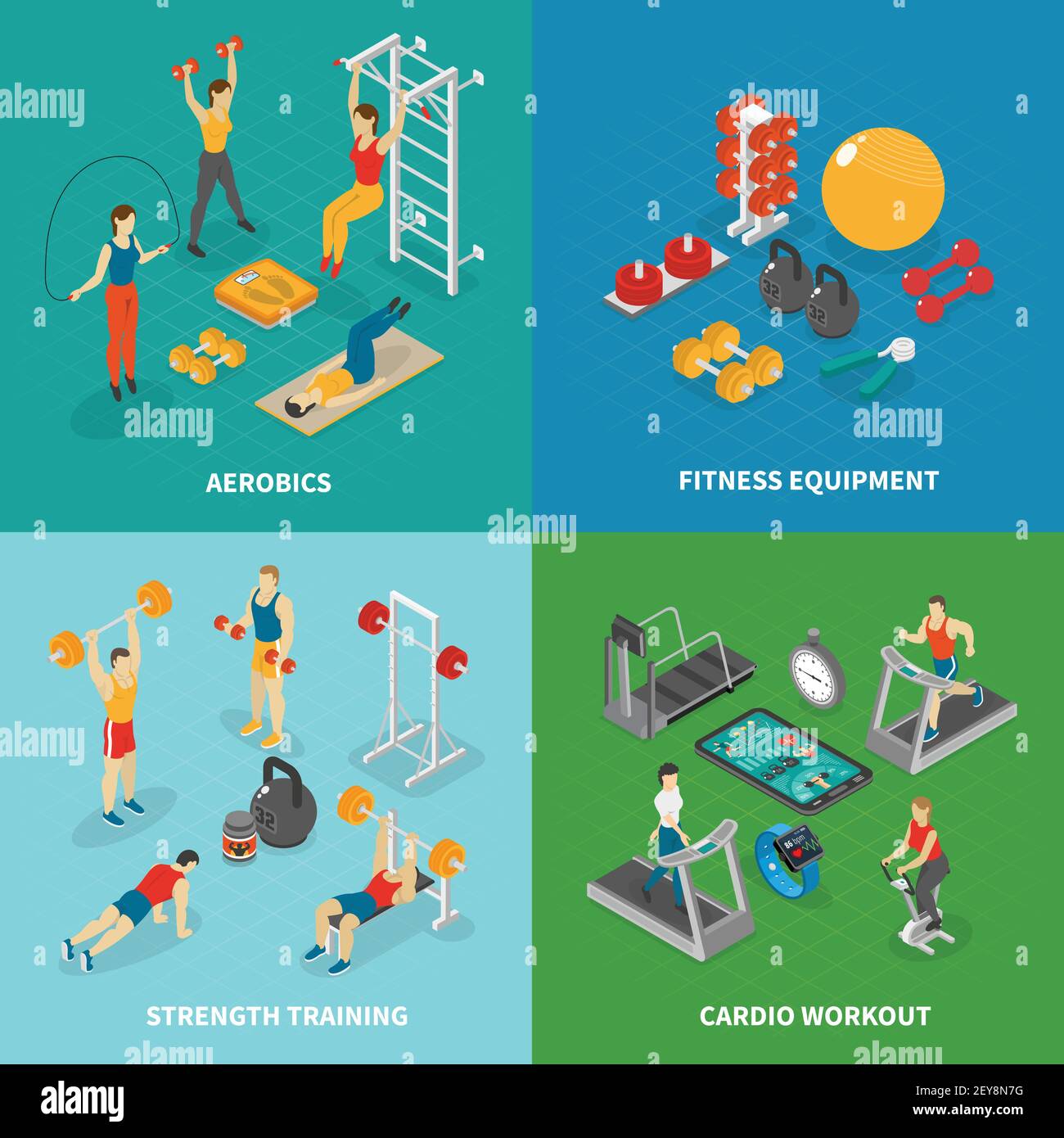 Fitness isometric design concept with four compositions of gymnastic ...