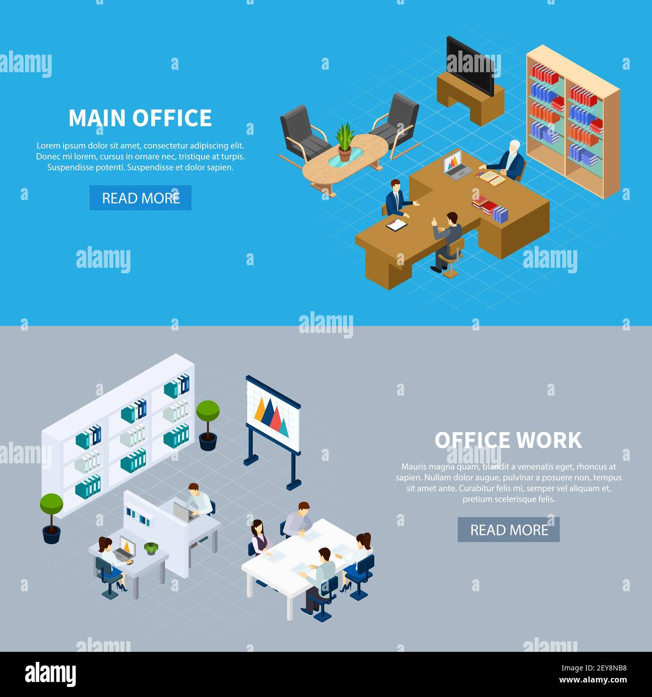 Main management and office work isometric horizontal banners on grey ...
