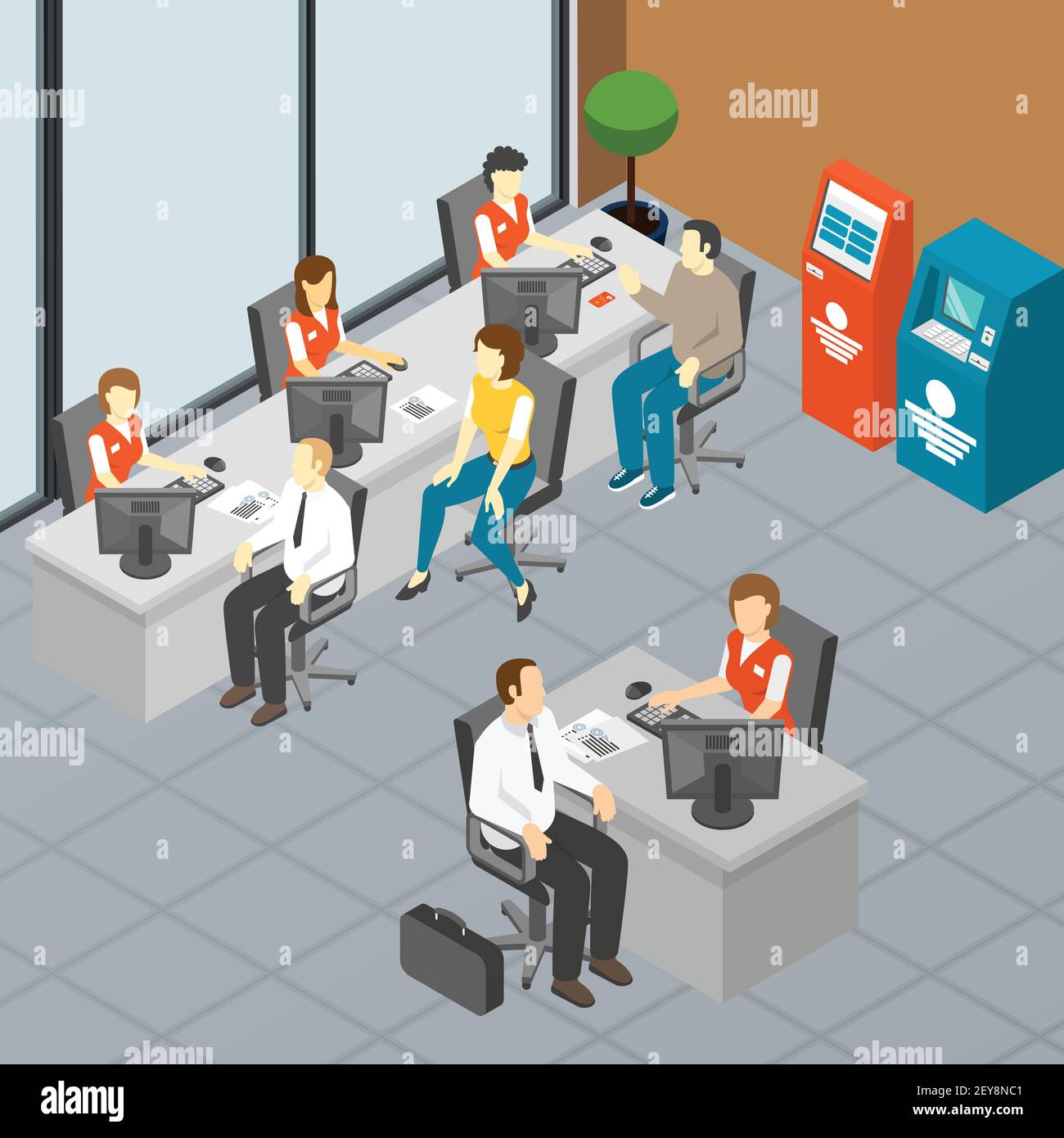 Bank isometric composition with indoor view of bank branch lobby with ...