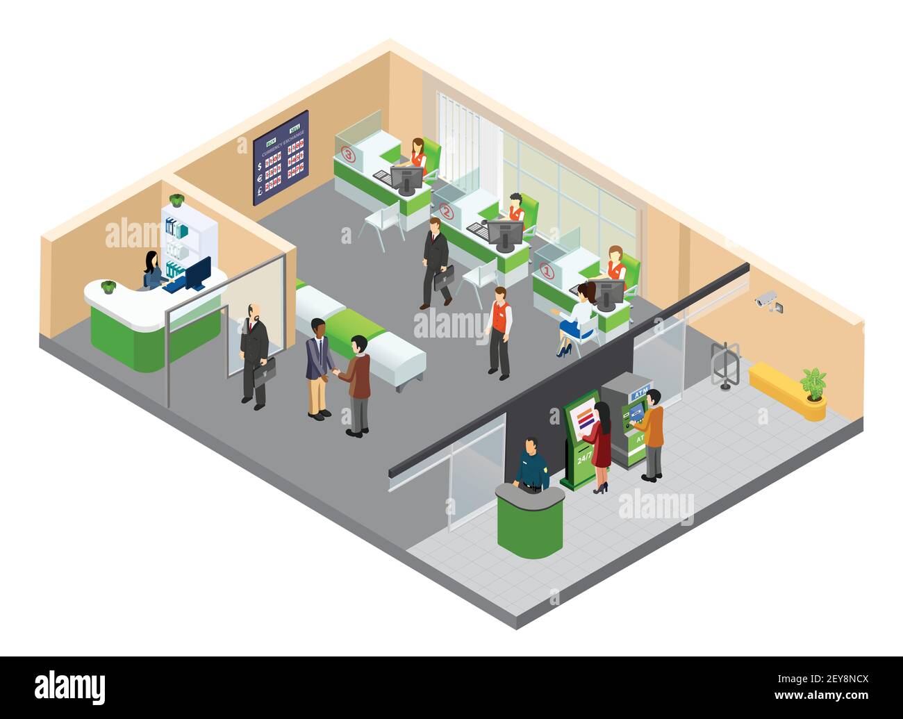 Bank isometric composition with indoor view of bank branch with working ...