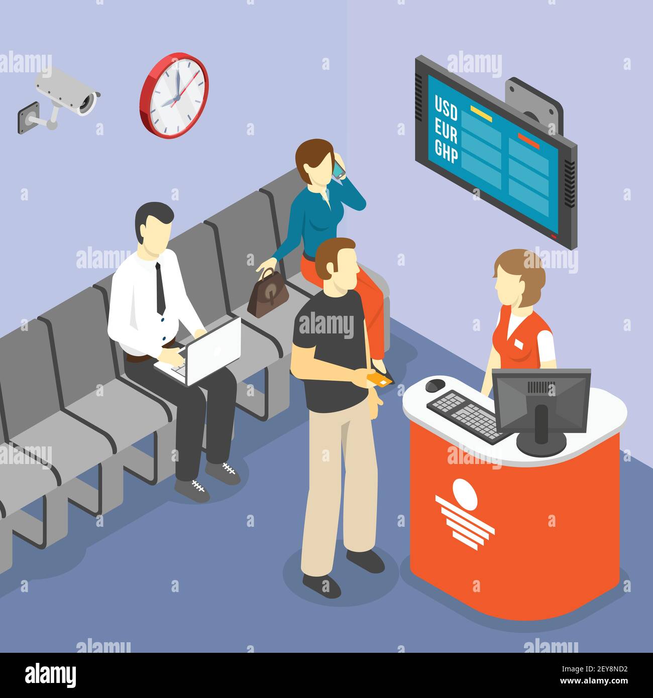 Bank isometric composition with view of waiting room with ticket system ...
