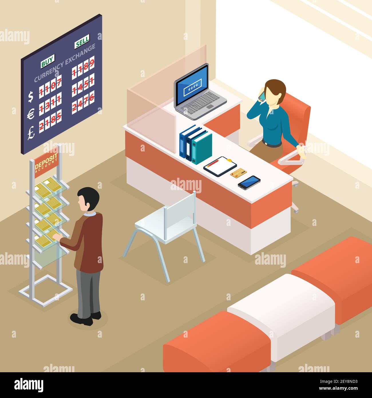 Bank isometric composition with view of waiting hall in local bank ...