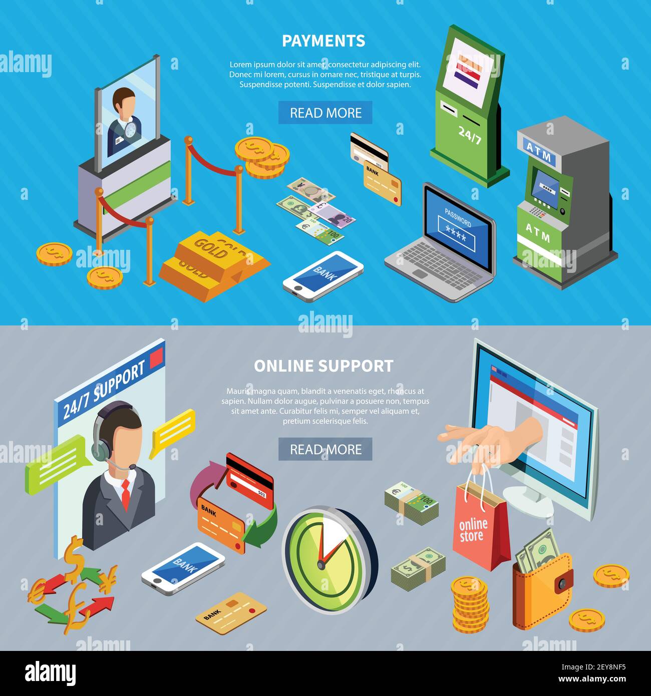 Set of two horizontal bank isometric banners with read more button ...