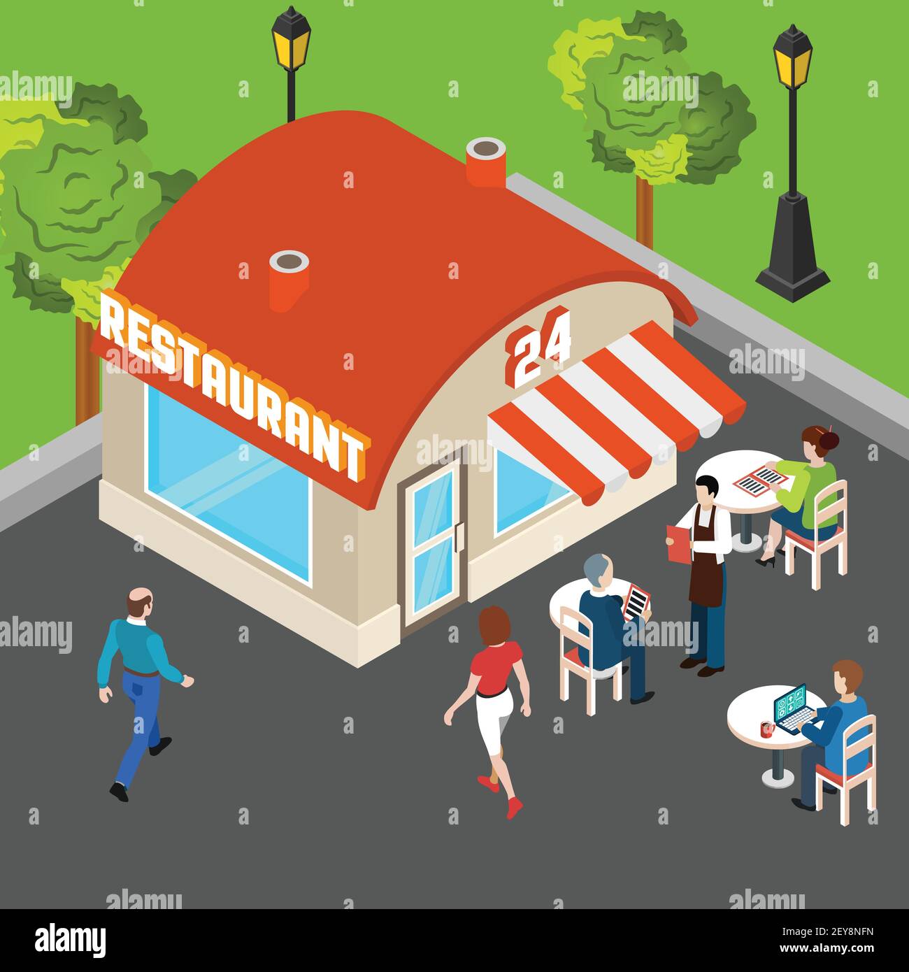 Restaurant building outside with waiter and customers at outdoor tables ...