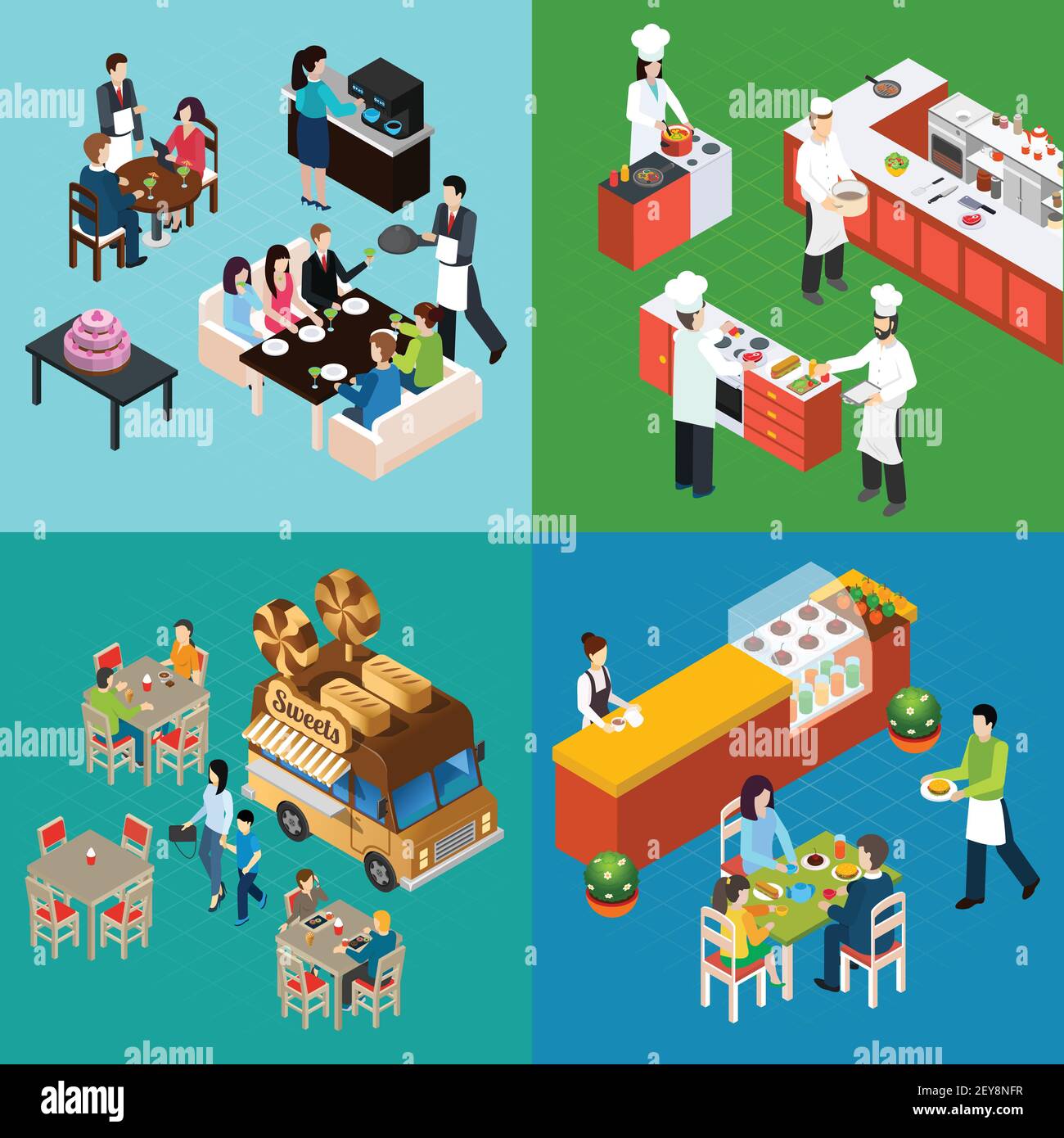 Restaurant isometric design concept with waiters and customers chefs at ...