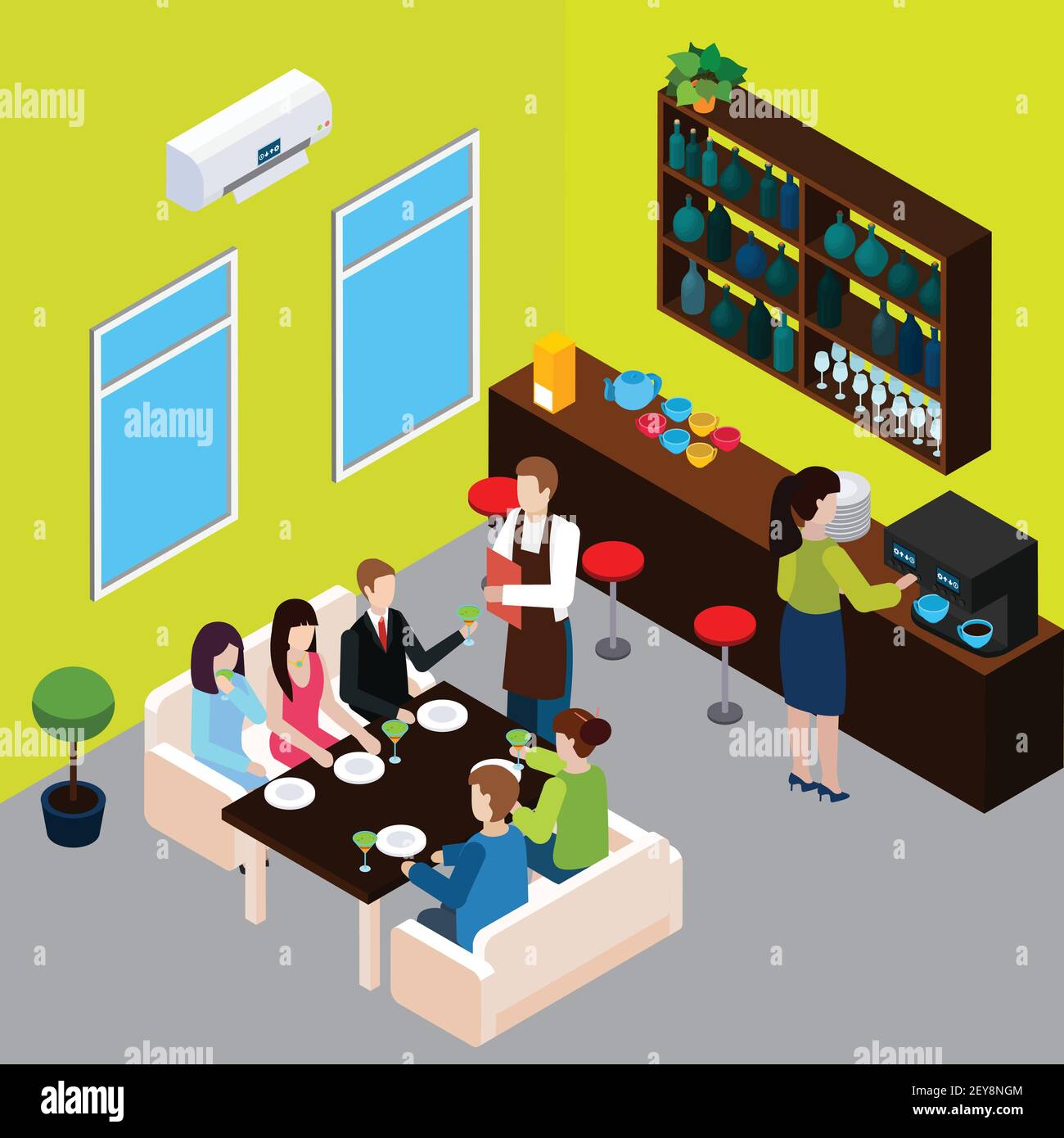 Restaurant isometric composition waiter with menu and customers on ...