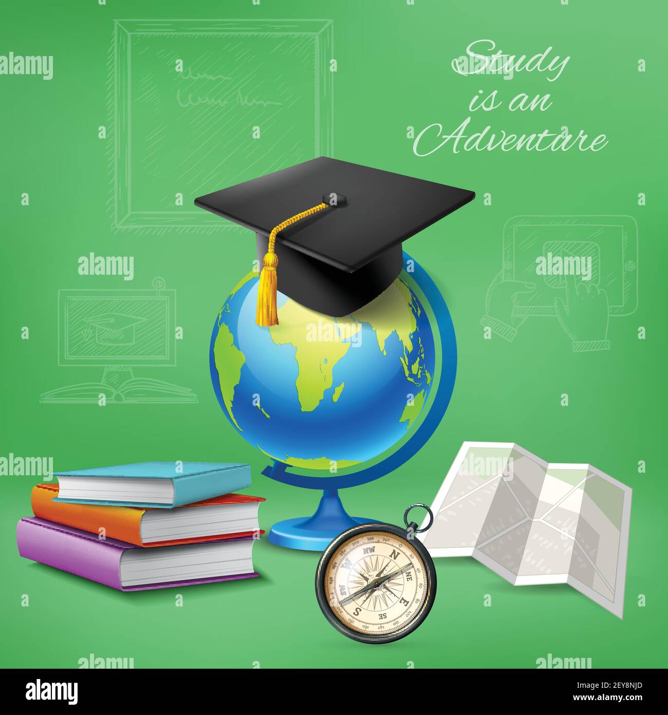 Education design concept with notebooks compass and master hat on globe ...